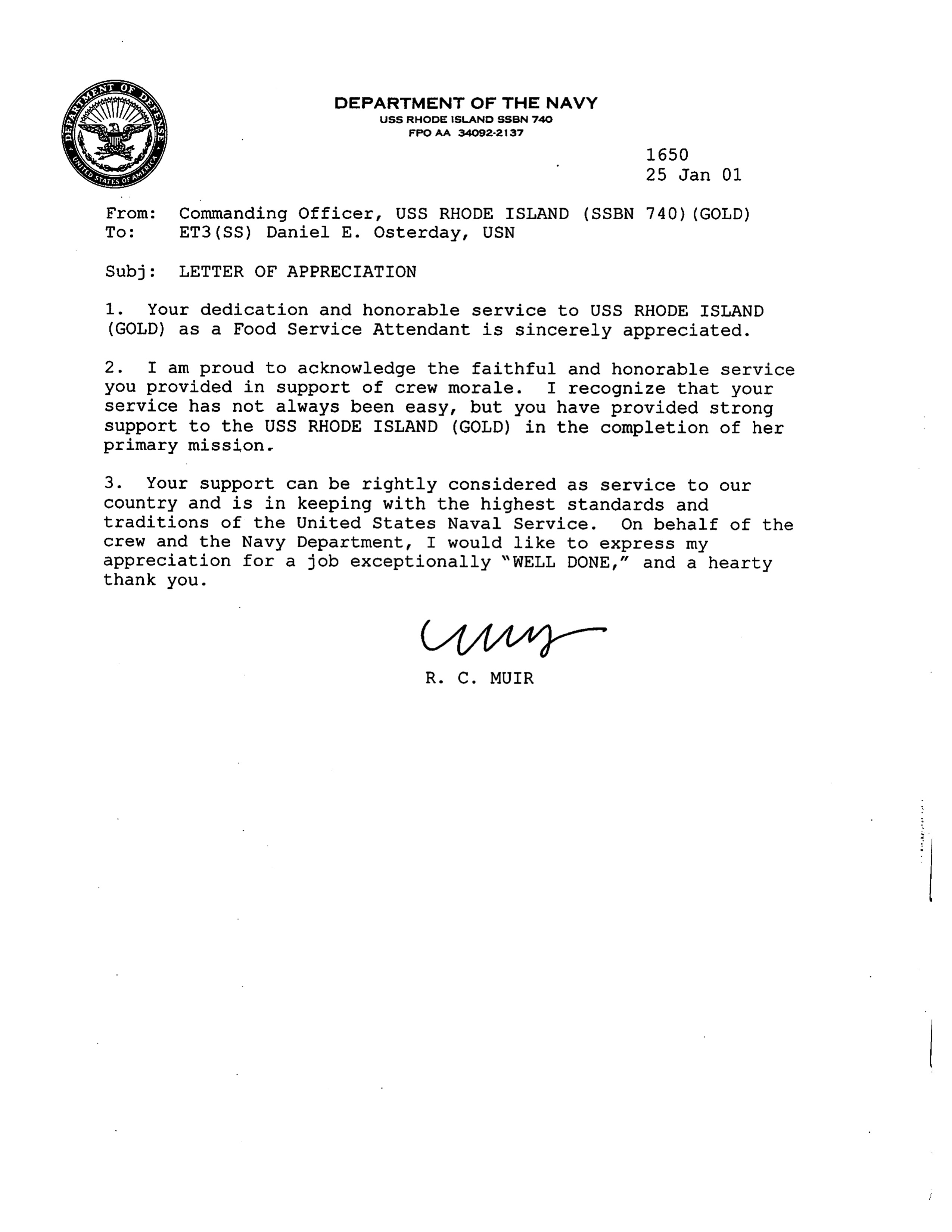 Letter of Appreciation | Daniel Osterday