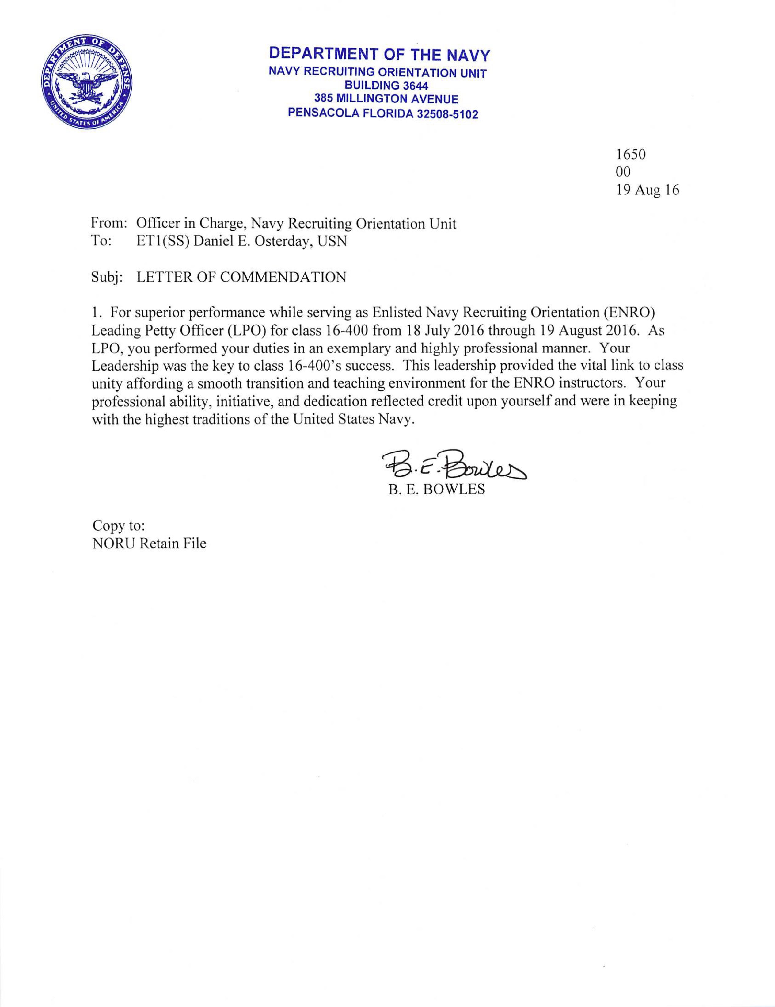 Letter of Commendation | Daniel Osterday