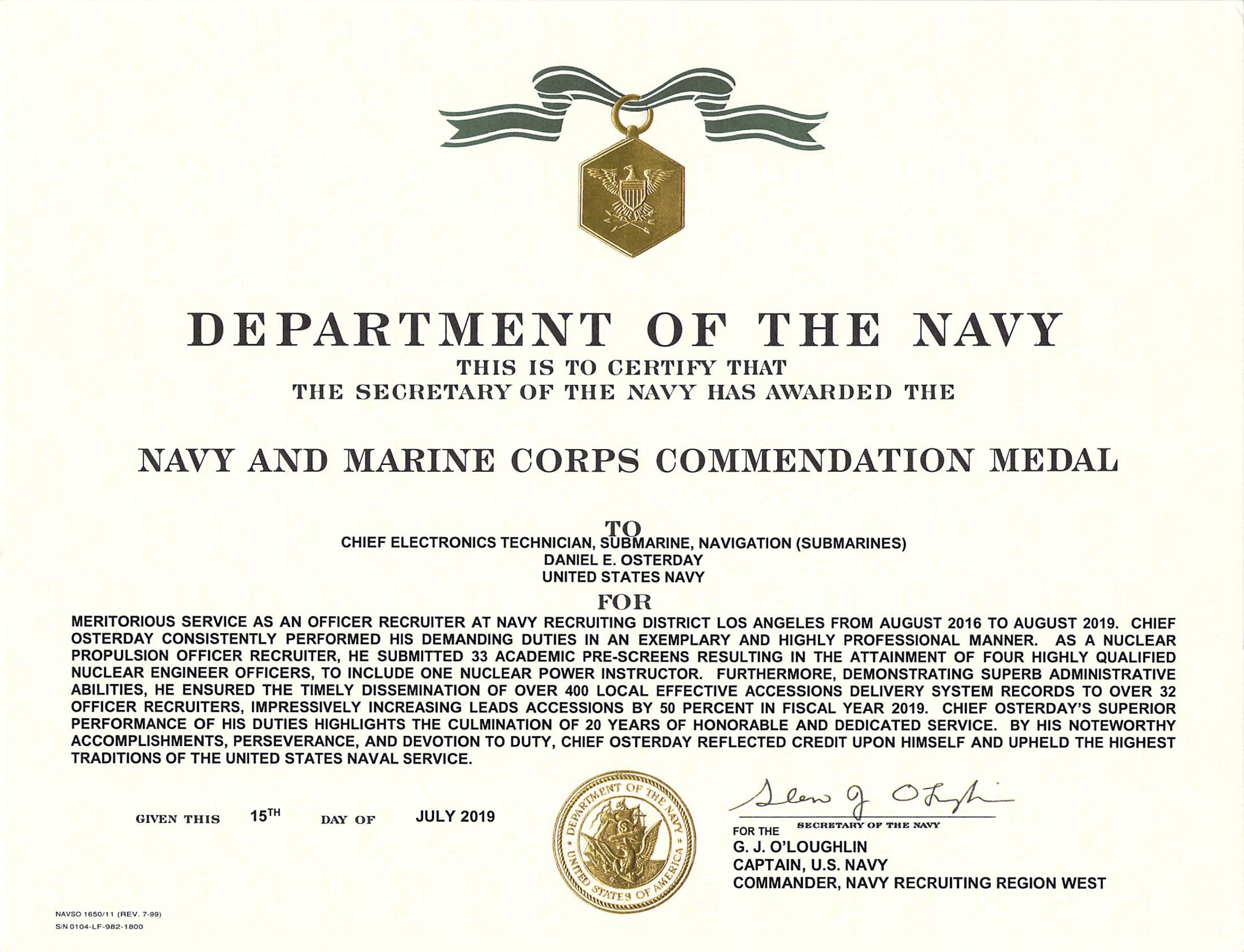 Navy & Marine Corps Commendation Medal | Daniel Osterday